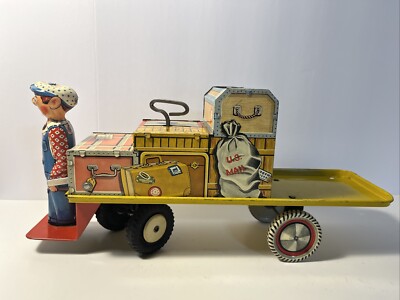 1930's Finnegan Wind Up Baggage Car Tin Toy Works! | eBay