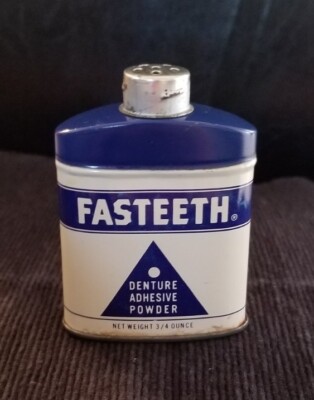 Vintage Fasteeth denture powder tin bottle | eBay