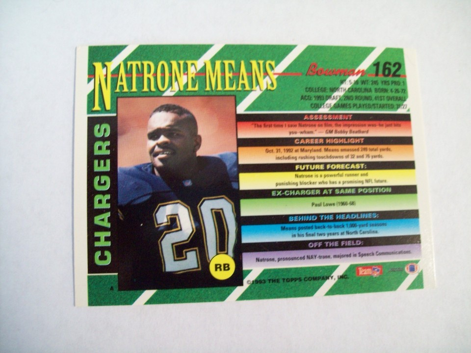 Natrone Means ROOKIE SAN DIEGO CHARGERS 1993 Topps BOWMAN #162 NFL ...