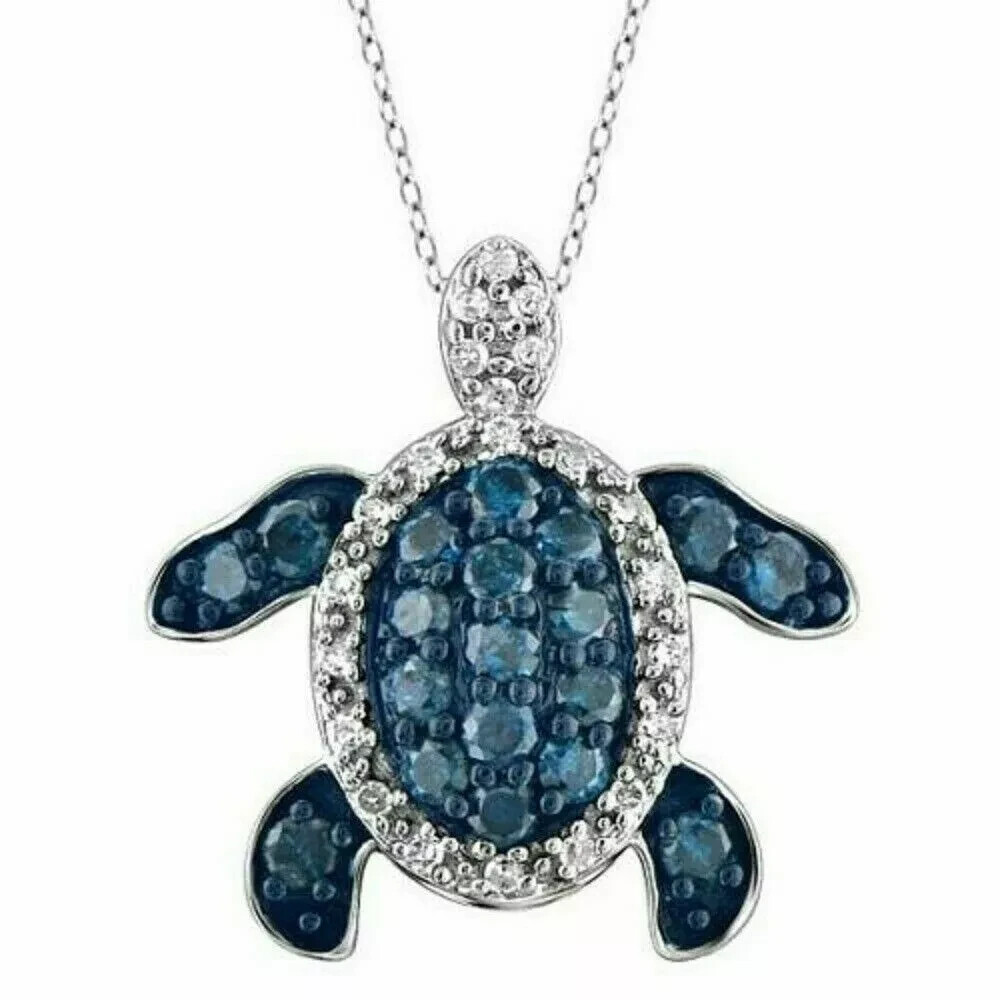 2.35Ct Round Cut Lab-Created Blue Diamond Turtle Pendent 14K White Gold ...
