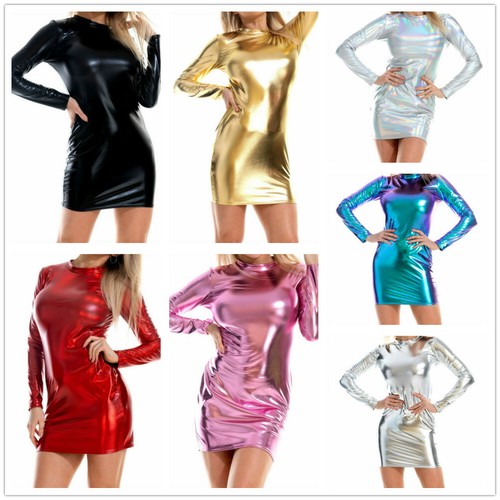Ladies High Collar Long Sleeve Mini Shiny Vinyl PVC Dress Bodycon Party ...