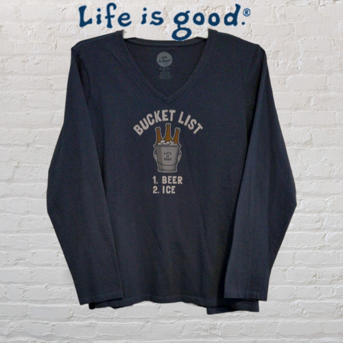 Life Is Good "Bucket List" Blue V-Neck Long Sleeve Crusher T-Shirt Sz ...