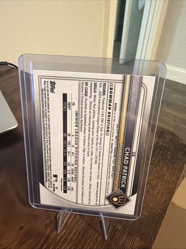 2025 Bowman Chrome Chad Patrick Red Logo Rookie #28 Milwaukee Brewers ...