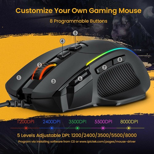 PICTEK GAMING MOUSE RGB backlight PC278A wired 8000 dpi 8 programmable ...