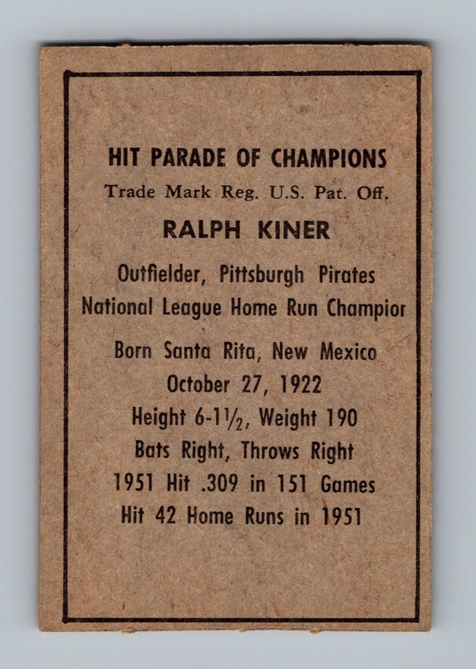 1952 Berk Ross RALPH KINER VG-VGEX Pittsburgh Pirates HOF Baseball Card ...