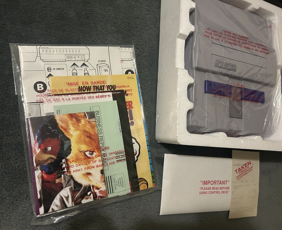 VINTAGE SNES SUPER NINTENDO SUPER SET W/ FACTORY PAPERWORK & TOYS’R’US ...