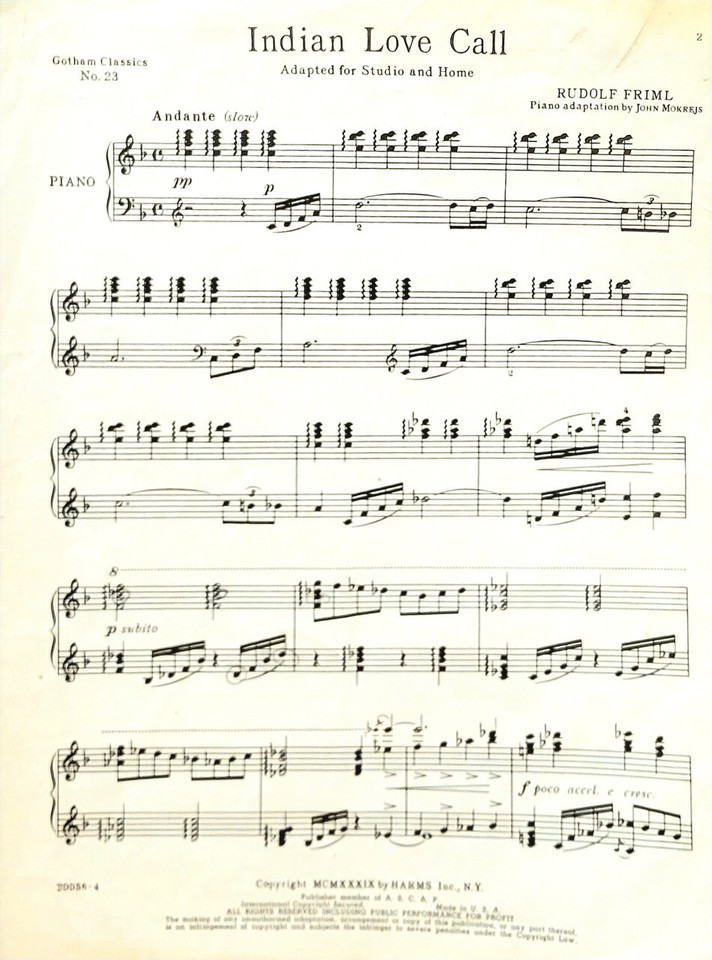 USED/VINTAGE - Indian Love Call - Rudolf Friml - Piano Sheet Music | eBay