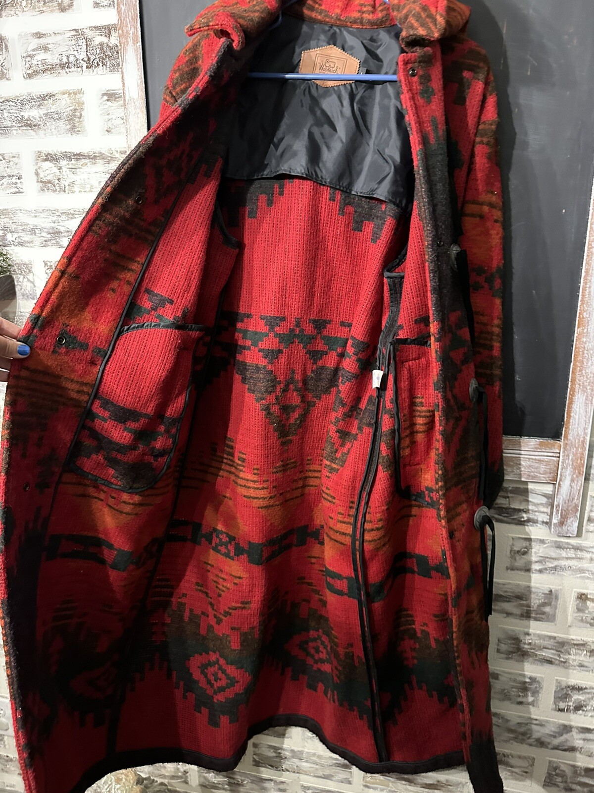 Vtg Southwestern Aztec Cowboy 70's Woolrich Oversized Wool Overcoat ...