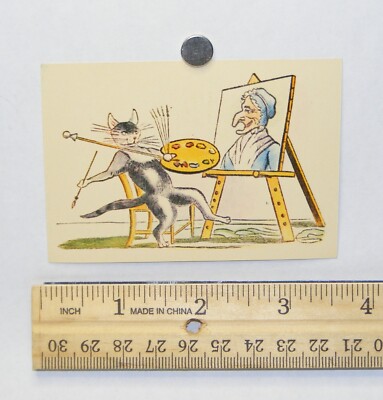 Vtg anthropomorphic artist cat painting a hag reprod Victorian scrap ...