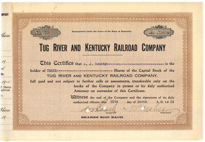 Tug River and Kentucky Railroad Company. Stock Certificate. 1924 | eBay