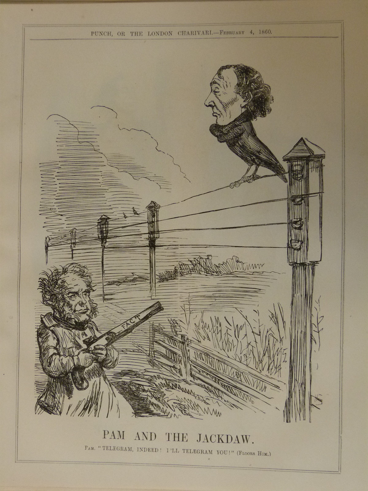 7x10" punch cartoon 1860 PAM AND THE JACKDAW telegram / telegraph lines ...