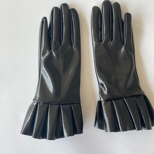 Women Faux Leather Gloves Ruffle Wrist Pleated Evening Party Punk Black ...
