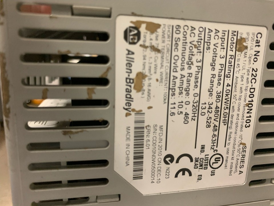 Allen-Bradley 22C-D010N103 AC Drive, PowerFlex 400, 480VAC, 3PH, 13A, 4 ...
