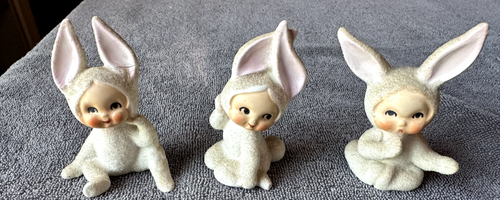 Vintage Lefton Snow Bunny pixie bunnies sugar texture pink ears Japan ...