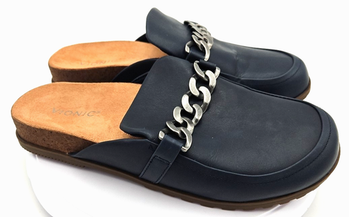 Vionic NEW Georgie Leather Blue Mules Slip On Chain Comfort Flats Clogs ...