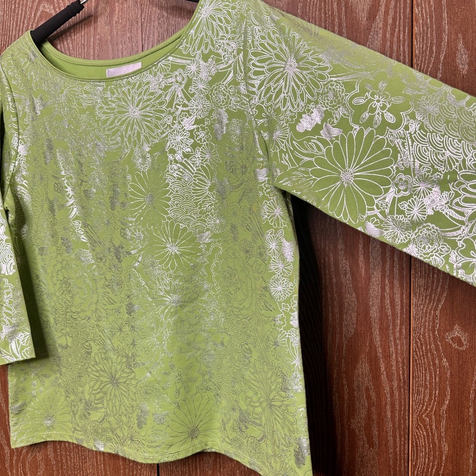 Susan Graver Green Silver Floral 3/4 Sleeve Boat Neck Cotton Spandex ...