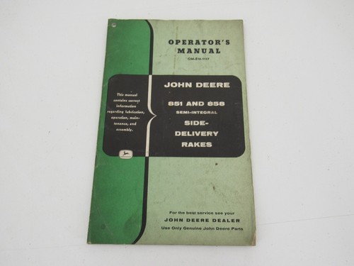 John Deere 851 858 Semi Integral Side Delivery Rakes Operator's Manual ...