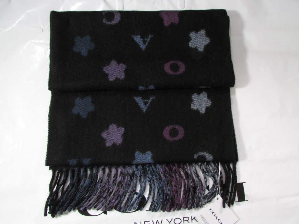 NWT Coach 100% Wool Coach Stars Striped Print Muffler 4623 Black Multi ...