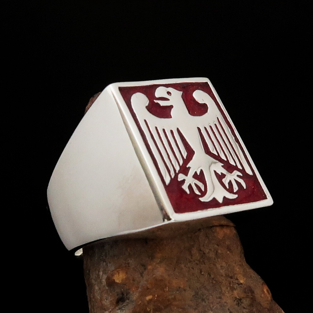 MENS STERLING SILVER BIKER SEAL RING GERMAN EAGLE COAT OF ARMS RED ...