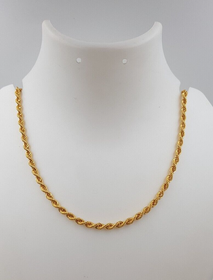 22K Yellow Gold 3.5mm Rope Chain Laser Diamond Cut Necklace Mens 18 ...