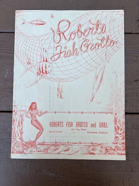 1953 VINTAGE MENU ROBERTS FISH GROTTO SACRAMENTO CAL TOPLESS MERMAIDS ...