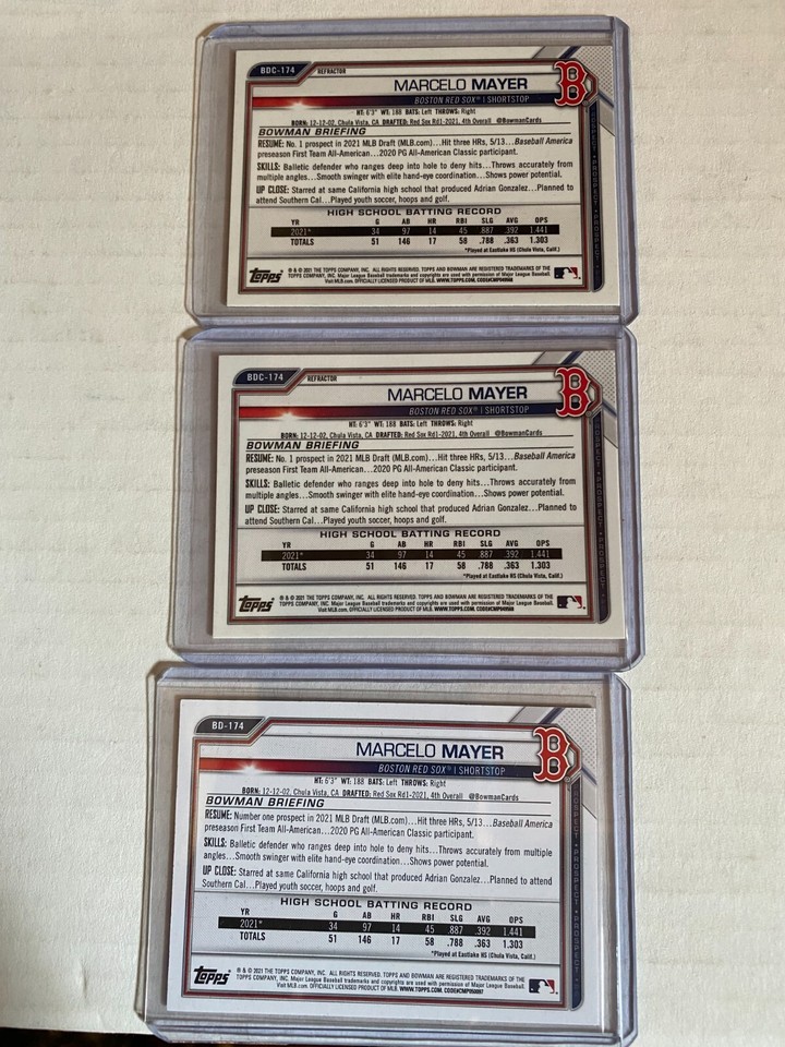 2021 Bowman Chrome Draft Refractor BD174 Marcelo Mayer RC Lot of 3 | eBay