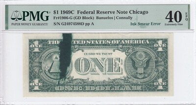 1969C $1 Federal Reserve Note Chicago IL Ink Smear Error PMG XF40 EPQ ...