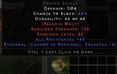 D2r Exile base eth vortex shield 45all res 4s--Non ladder sc/S9 ladder ...