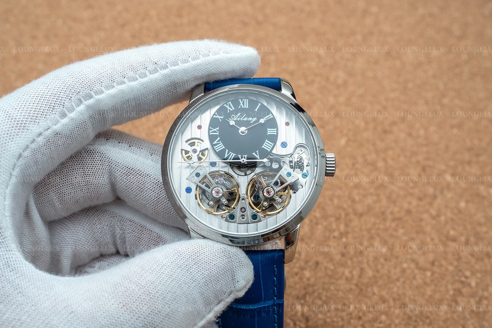 Mens Double Flywheel Automatic Mechanical Watch Silver Black Dial Blue ...