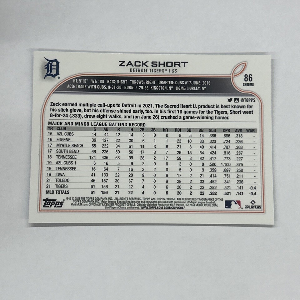 Zack Short 2022 Topps Chrome X-Factor RC #86 Refractor Detroit Tigers ...