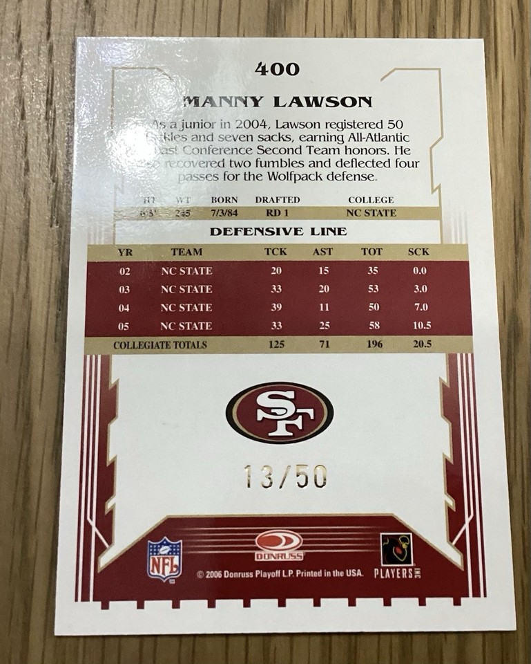 2006 Score Select Rookie Manny Lawson #400 Gold Zone #13/50 (RC) | eBay