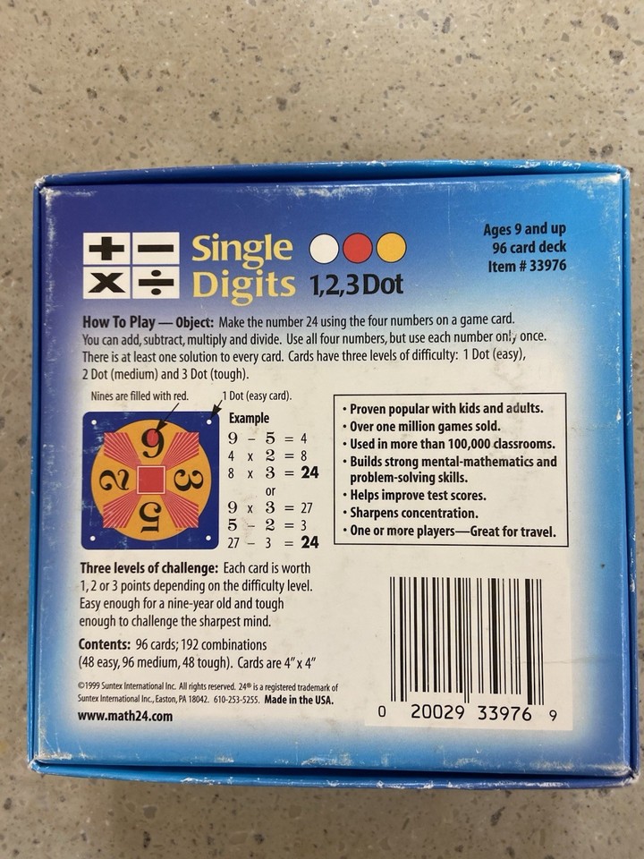 24 GAME Single Digets 1 2 3 Dot Educational Math Numbers Game 96 Cards ...