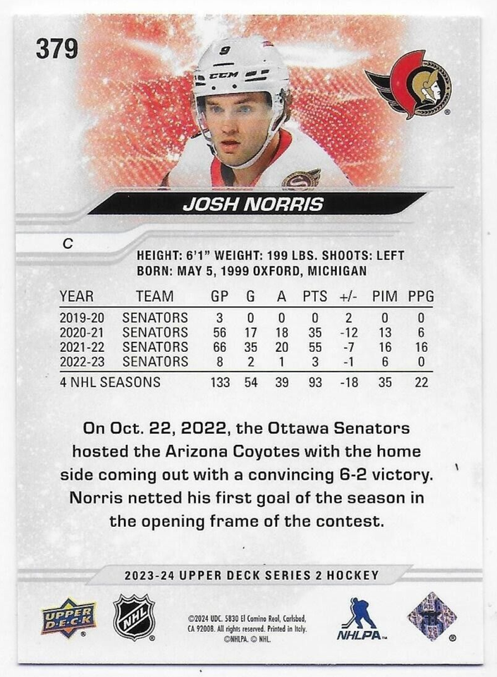 2023-24 Upper Deck #379 Josh Norris - Ottawa Senators | eBay