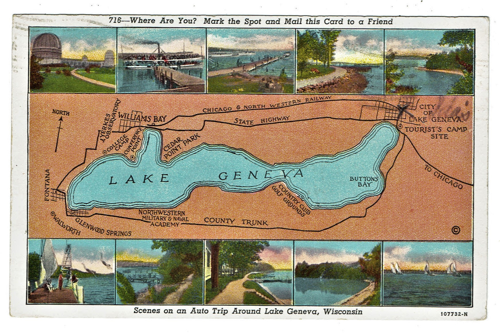 Lake Geneva Wisconsin greetings map of lake and surrounding towns ...