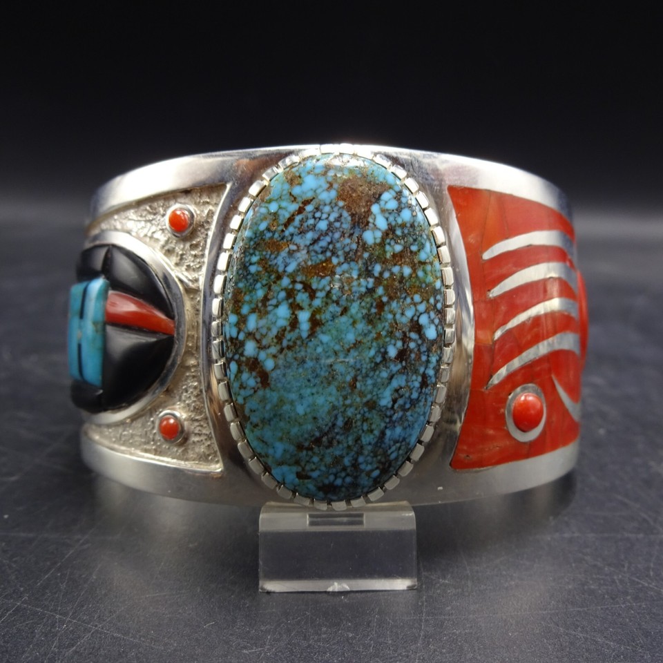MICHAEL PERRY Navajo TURQUOISE and CORAL Sterling Silver YEI Cuff ...