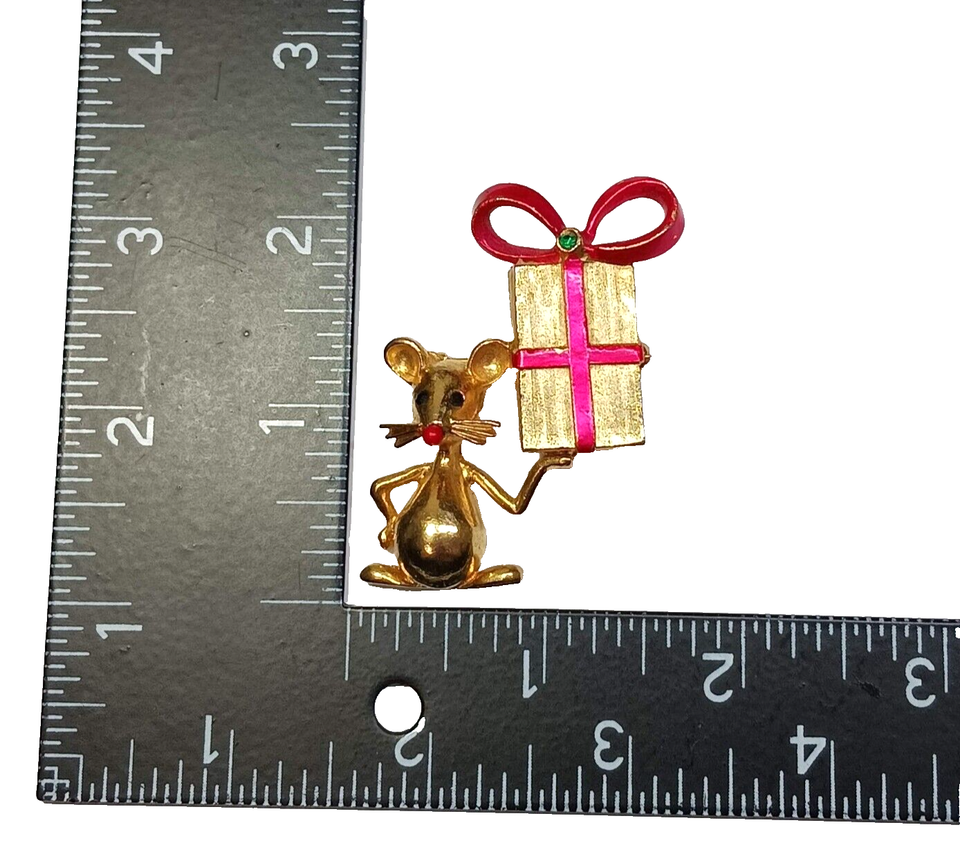 Vintage MYLU Rhinestone Christmas Pin Brooch Gold Tone Mouse with ...