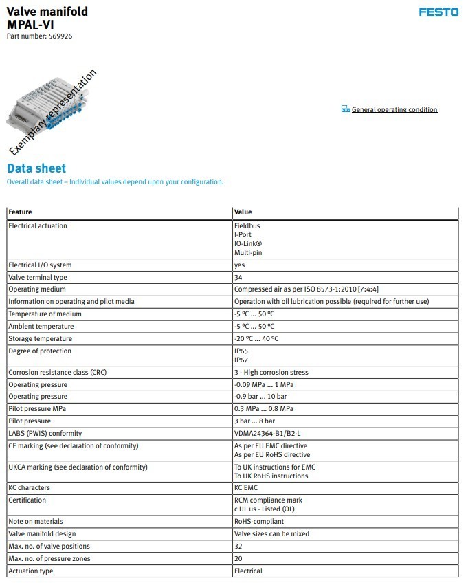 FESTO - Valve manifold MPAL-VI Part number: 569926 | eBay