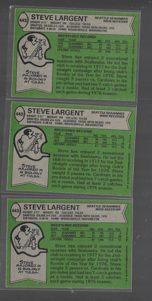 1978 TOPPS FOOTBALL # 443 STEVE LARGENT (3 COPIES) NICE CARDS | eBay