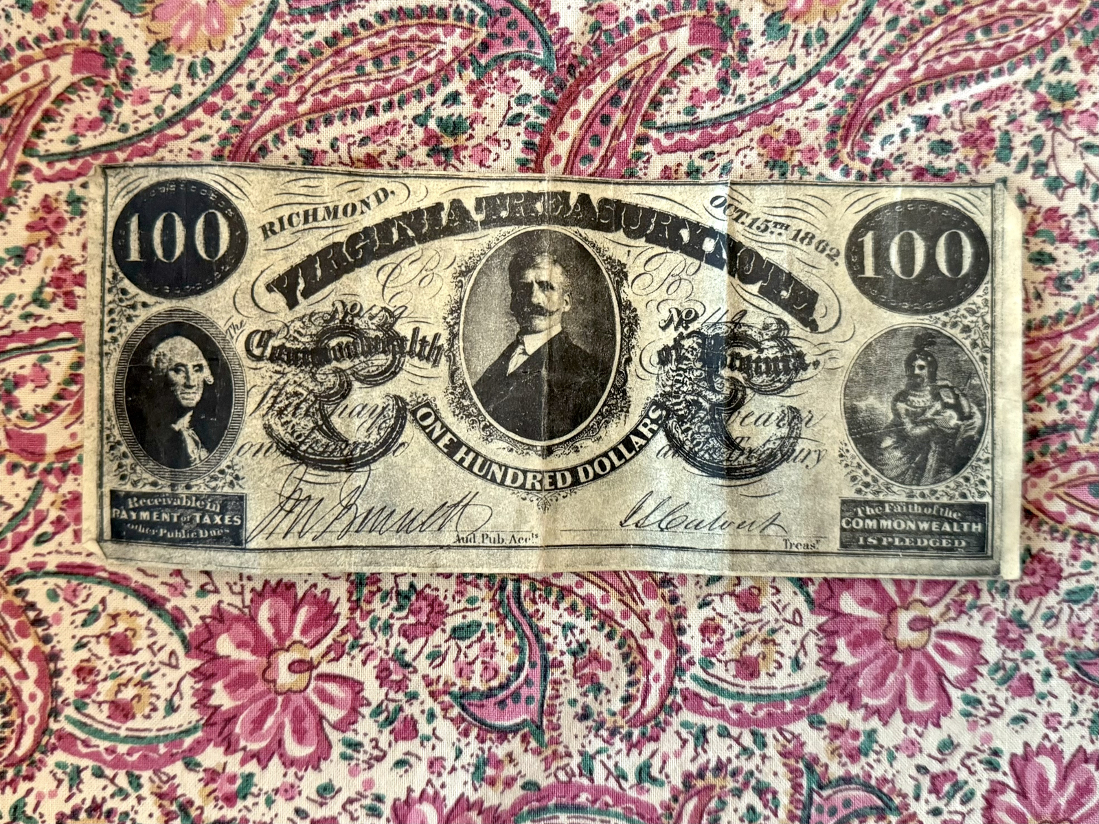 $100 Virginia Treasury Note No. 119 Oct. 15th, 1862 Commonwealth of ...