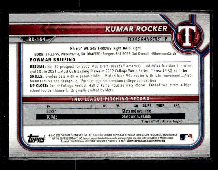 2022 Bowman Draft #BD-164 Kumar Rocker Chrome Image Variation | eBay