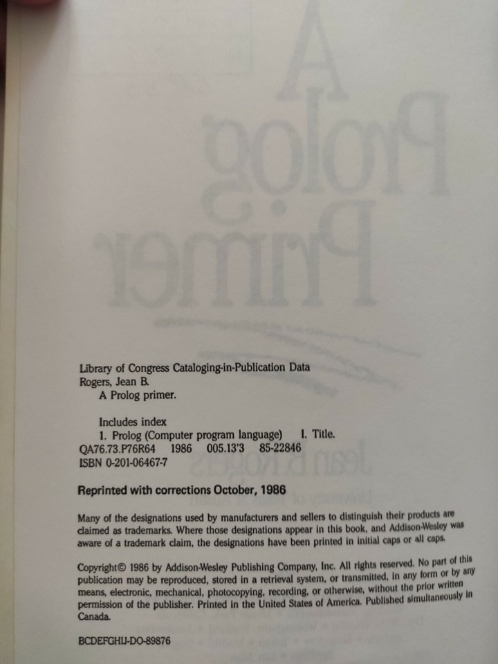 Book A Prolog Primer Jean B. Rogers Addison-Wesley Publishing Company ...