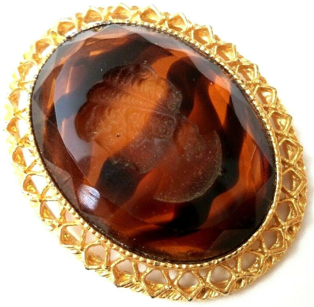 Vintage gold filigree cut glass turtle tortoise cameo… - Gem