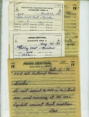 PENN CENTRAL RAILROAD TRAIN ORDERS (18) BRICKER (NEWARK) OHIO 1970-1975 ...