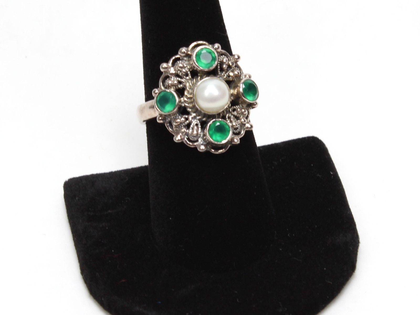 SLG 925 India Silver Cluster Ring with White and Gree… - Gem