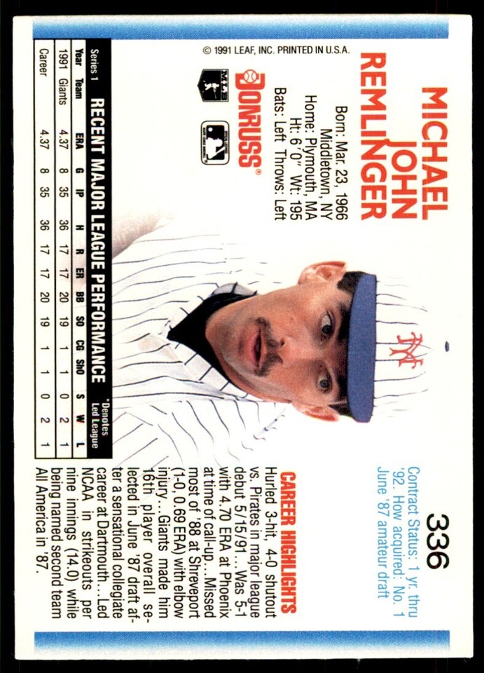 1992 Donruss Mike Remlinger San Francisco Giants #336 | eBay