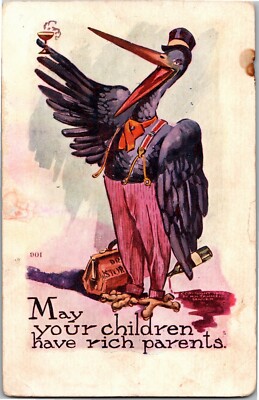 Drunk Stork Drinks Toast, May Your Children Have Rich Parents c1907 ...