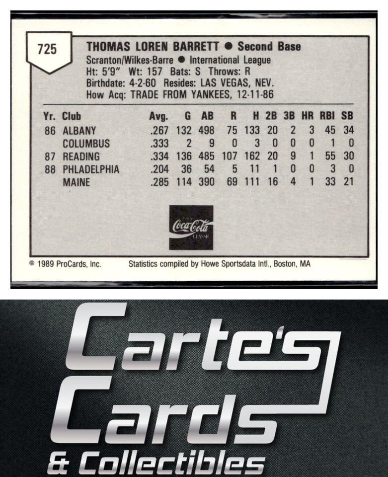 Tommy Barrett 1989 ProCards Team Sets #725 Scranton/Wilkes-Barre Red ...
