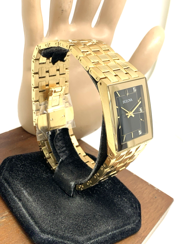 Bulova Men's Watch 97D132 Quadra Quartz Diamond Black Dial Gold Steel ...