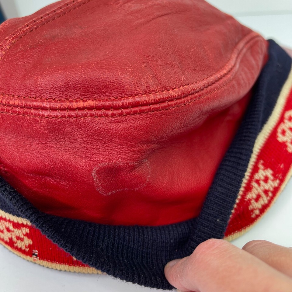 Vintage Red Leather Knit European Ski Snow Hat inner flap Kids Boys Hat ...