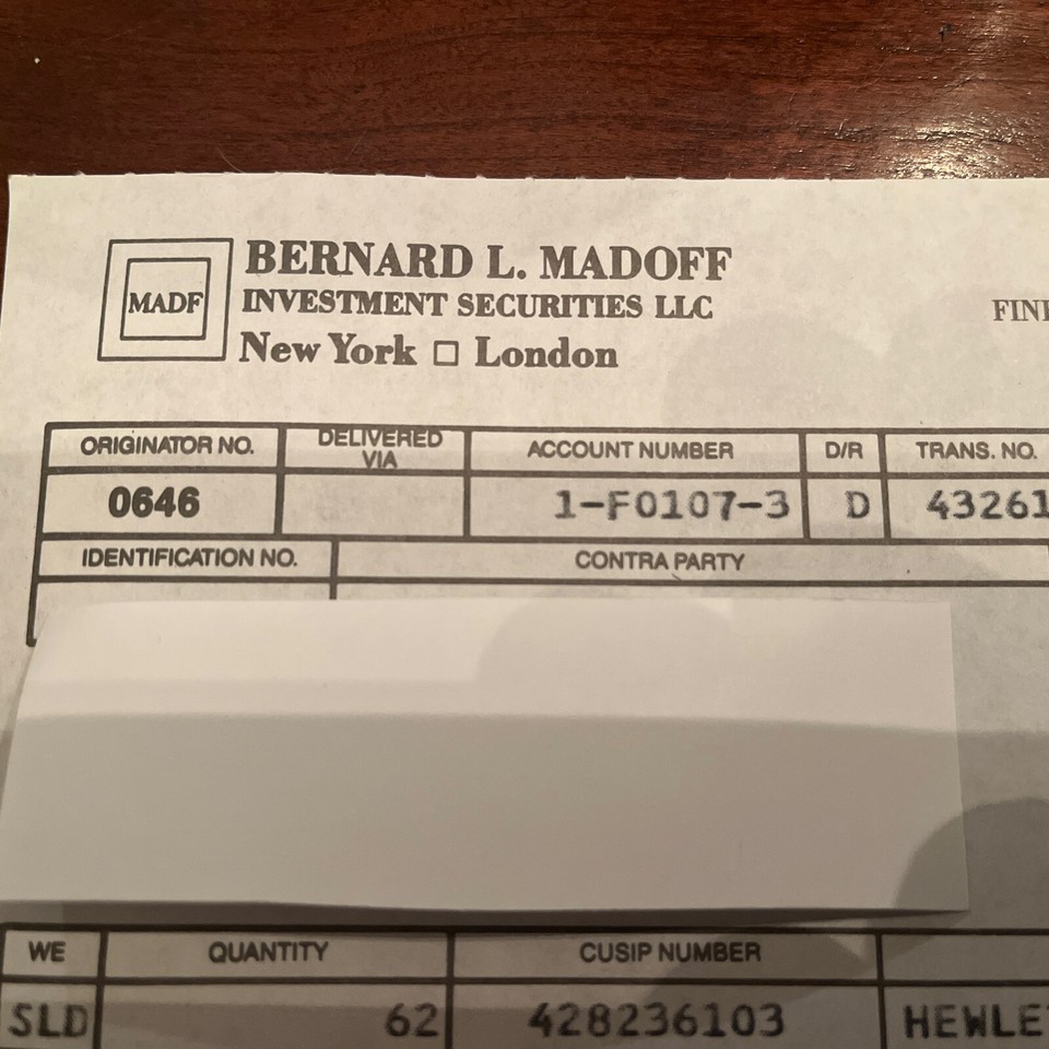 Bernard Madoff Trade Execution Confirmation Statement Ponzi Bernie ...